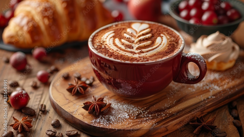 specialty coffee scene with latte art on maroon mug and pastry ...