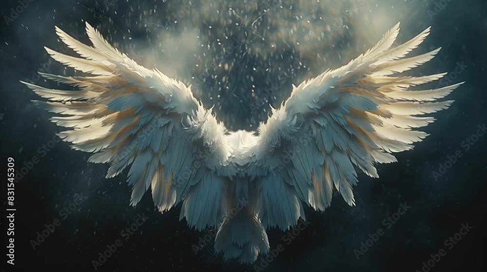 large, expansive white angel wings that appear to be angelic in nature ...
