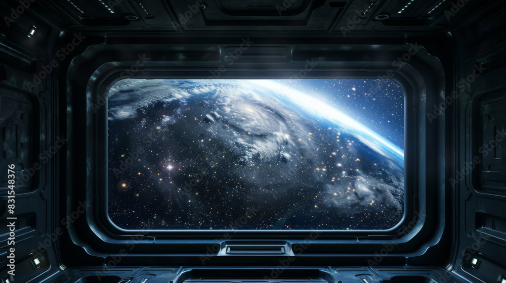 View from the window of a spaceship to space, the Moon, and the ...