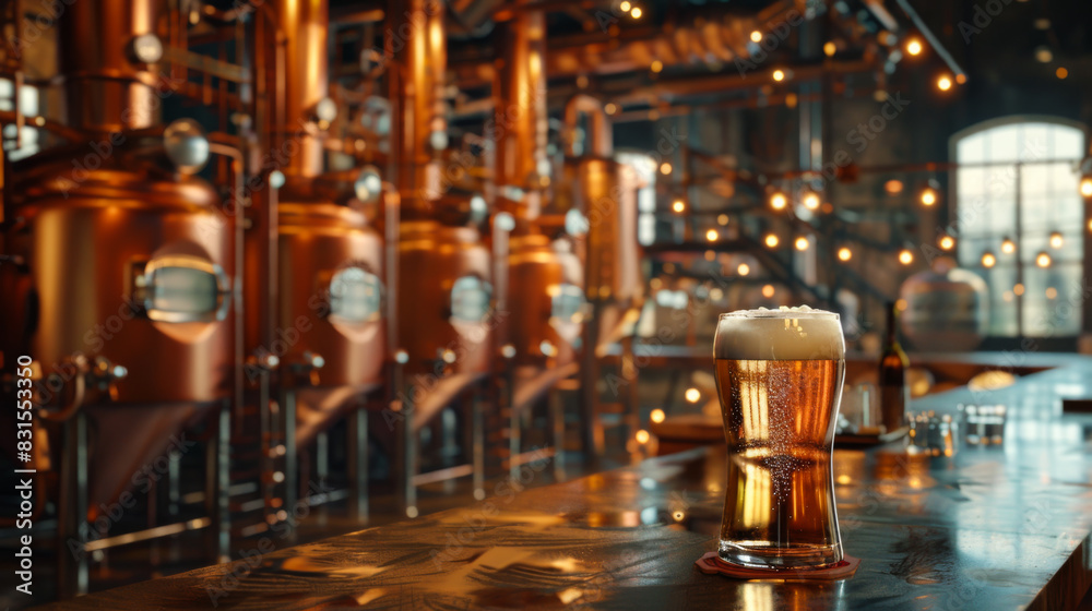 A transparent large glass filled with fresh beer on the background of a ...