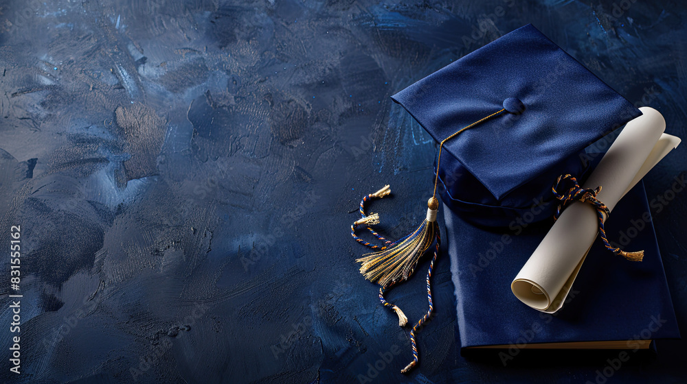 blue graduation cap or hat with degree paper , on blue card wallpaper ...