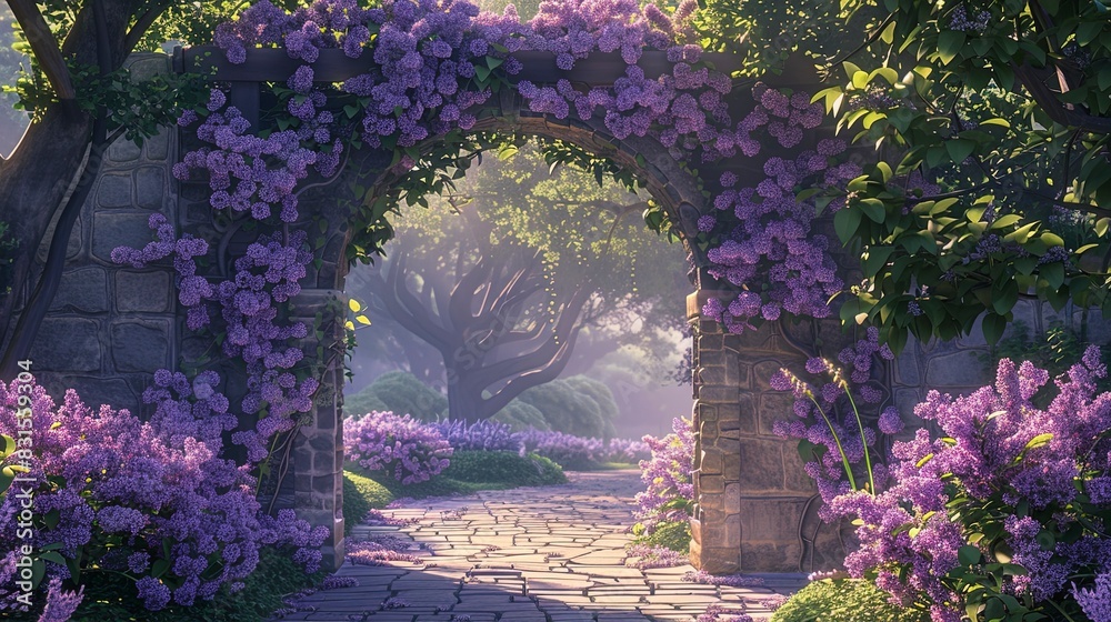 Fairytale garden with stone arch and lilacs. Fantasy landscape, lilac ...