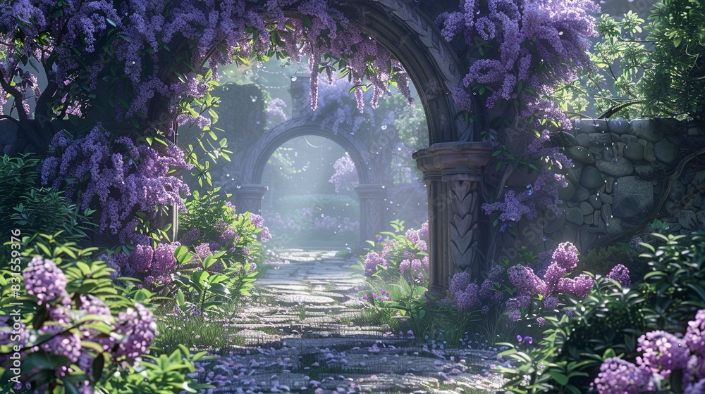 Fairytale garden with stone arch and lilacs. Fantasy landscape, lilac ...
