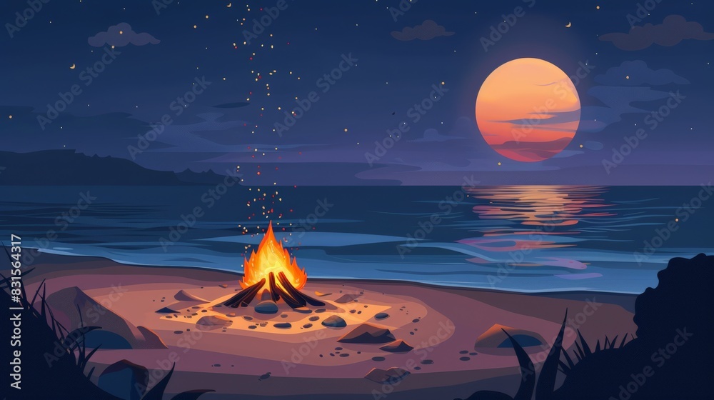 Graphic of a bonfire on the beach flat design side view summer night ...