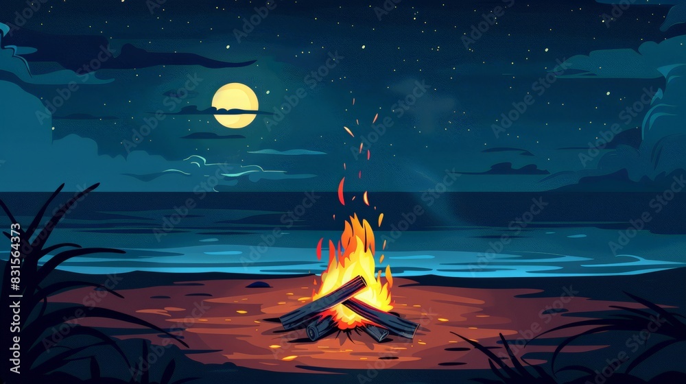 Graphic of a bonfire on the beach flat design side view summer night ...