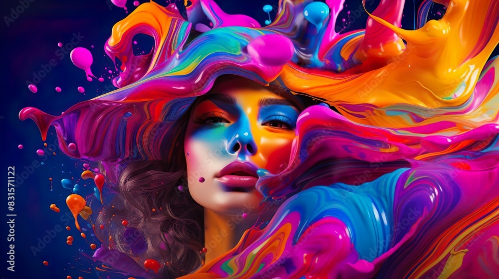 High fashion model woman face. Colorful painting with strokes of paint ...