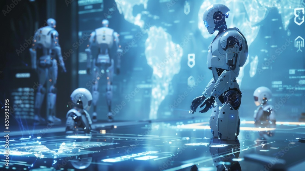 Advanced robots interacting with futuristic holographic interface in a ...
