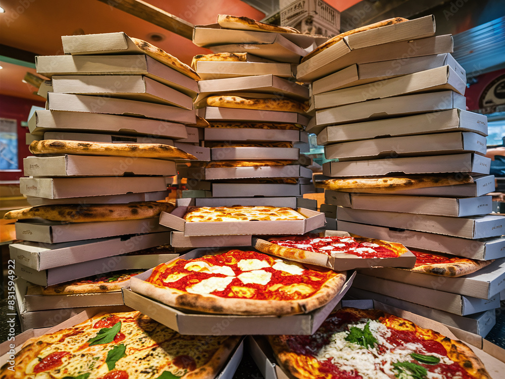 Large stack of pizza boxes with margherita, pepperoni, and other types ...