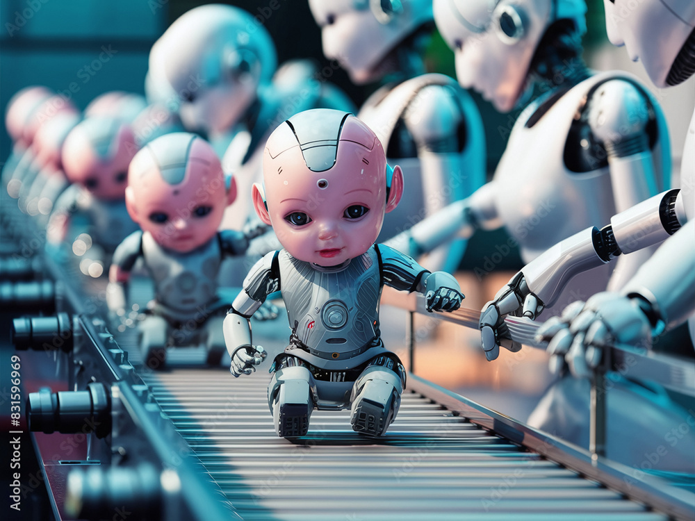 Robots assembling baby-like robots on a conveyor belt in futuristic ...