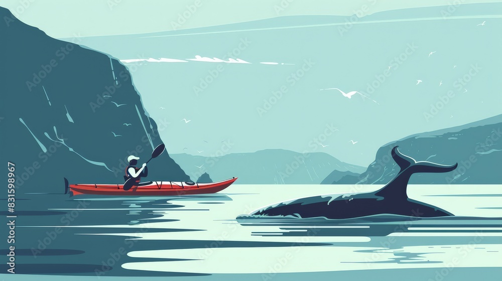 Visual of a whale surfacing near kayakers flat design side view gentle ...
