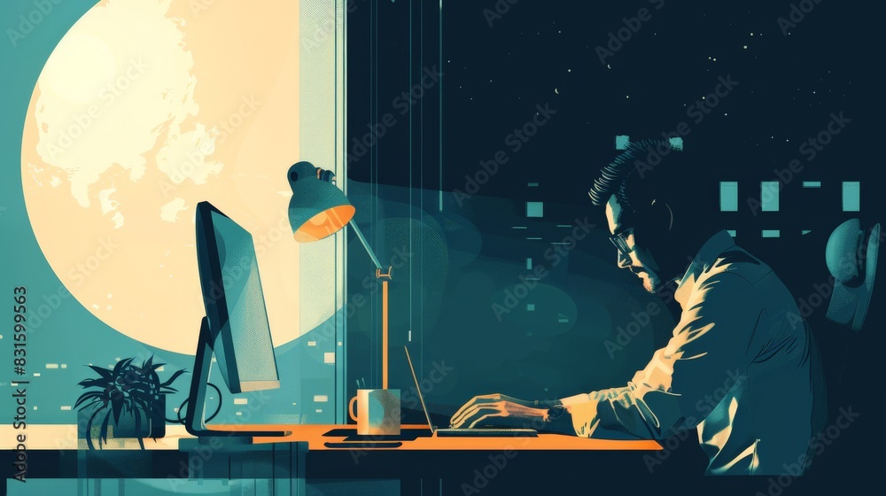 Visual of an entrepreneur working late at night flat design side view ...