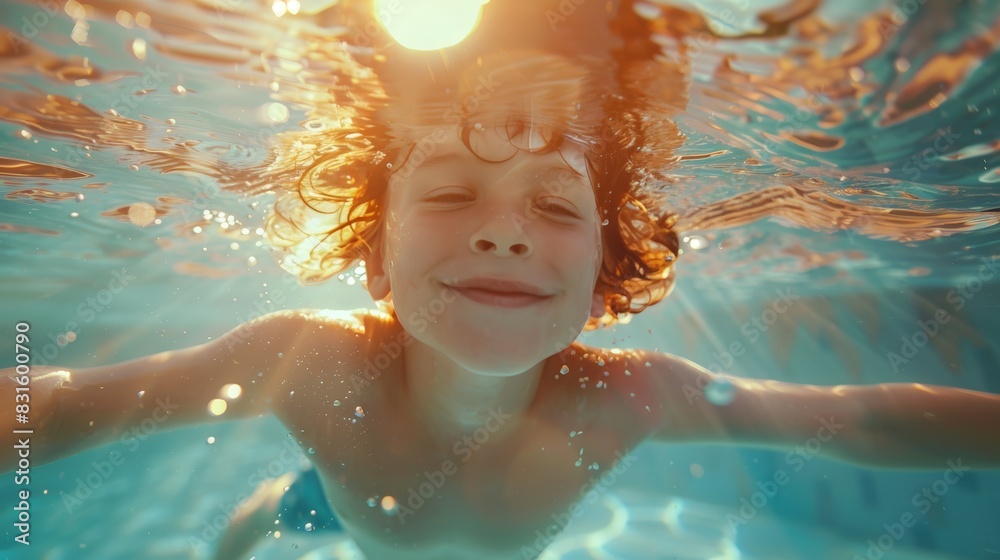 Cute smiling child having fun swimming and diving in the pool at the ...
