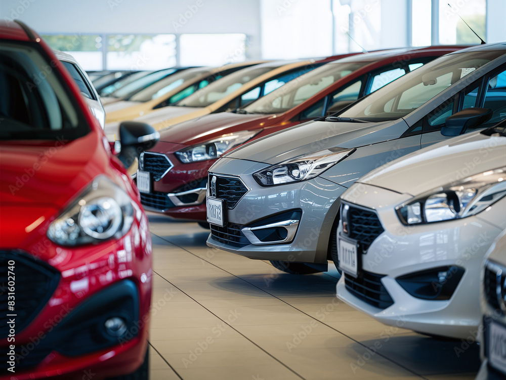 Row of new cars displayed in showroom, showcasing various colors and ...