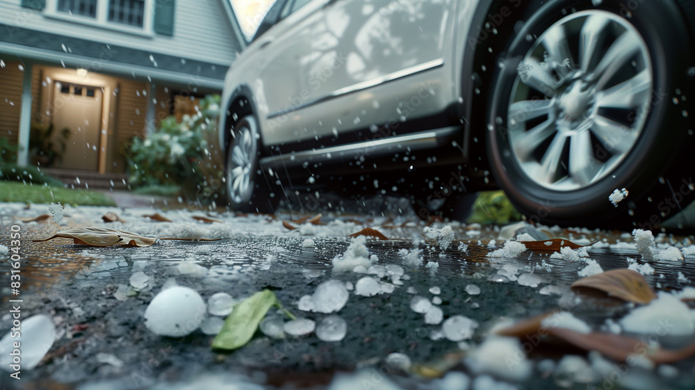 A white luxury SUV is pelted, dented with hail in the driveway of a ...