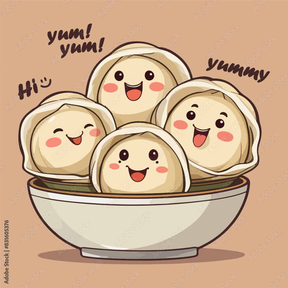 Cute cartoon dumplings vector illustration in a plate icons. Kawaii Dim ...
