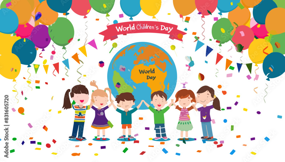 World Children’s Day with happy children holding hands, balloons ...