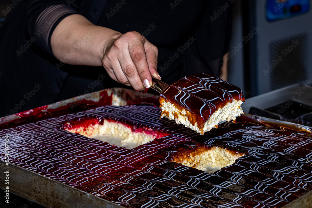 Chef prepares trilece dessert in the kitchen. Turkish Traditional ...