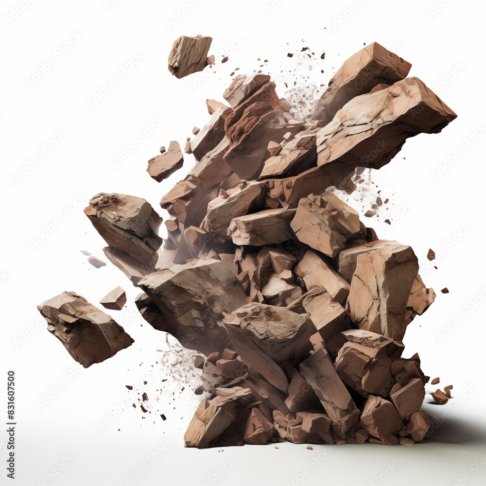 Flying rocks and debris from a powerful explosion isolated on a white ...