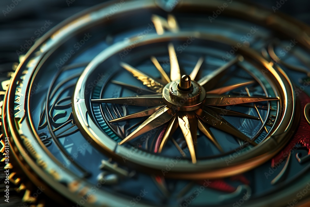 Artistic rendering of a compass with needle pointing towards various ...