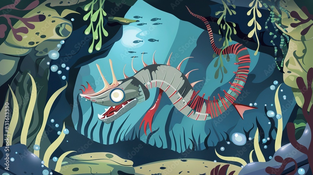 Dragon eel in an underwater cave flat design front view, mythical ...