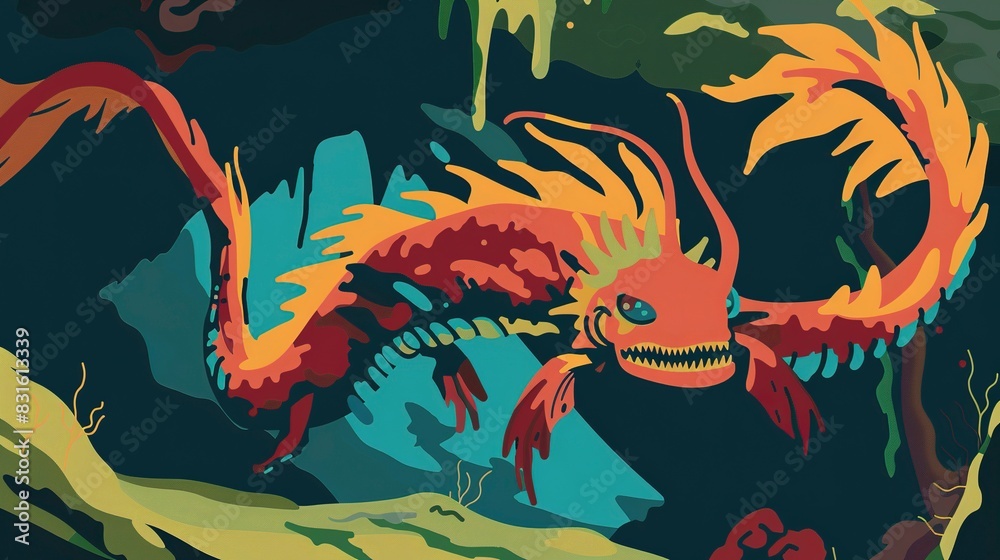 Dragon eel in an underwater cave flat design front view, mythical ...