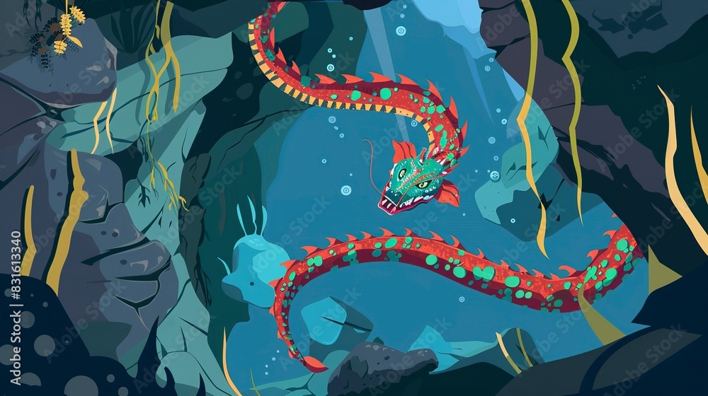 Dragon eel in an underwater cave flat design front view, mythical ...