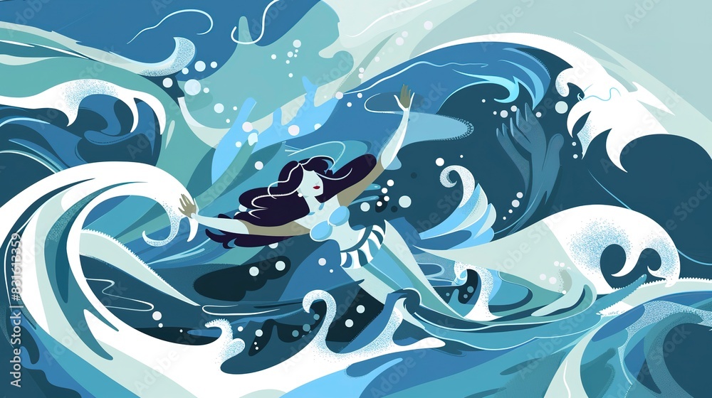 Water sprite dancing in waves flat design top view, mythical creatures ...