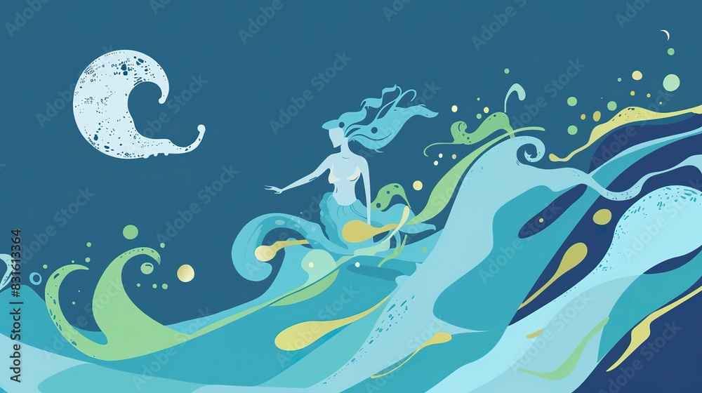 Water sprite dancing in waves flat design top view, mythical creatures ...
