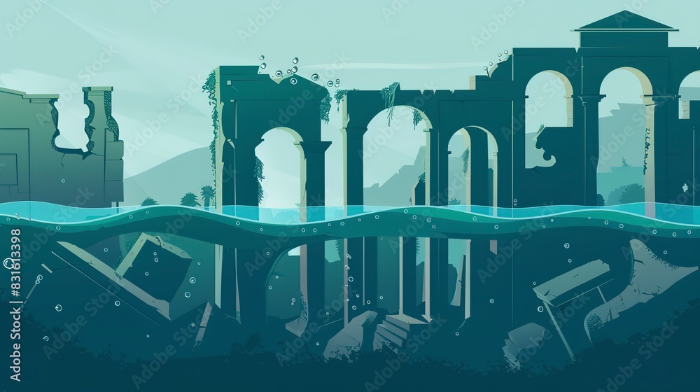 Submerged ruins of Atlantis flat design front view, historical fantasy ...