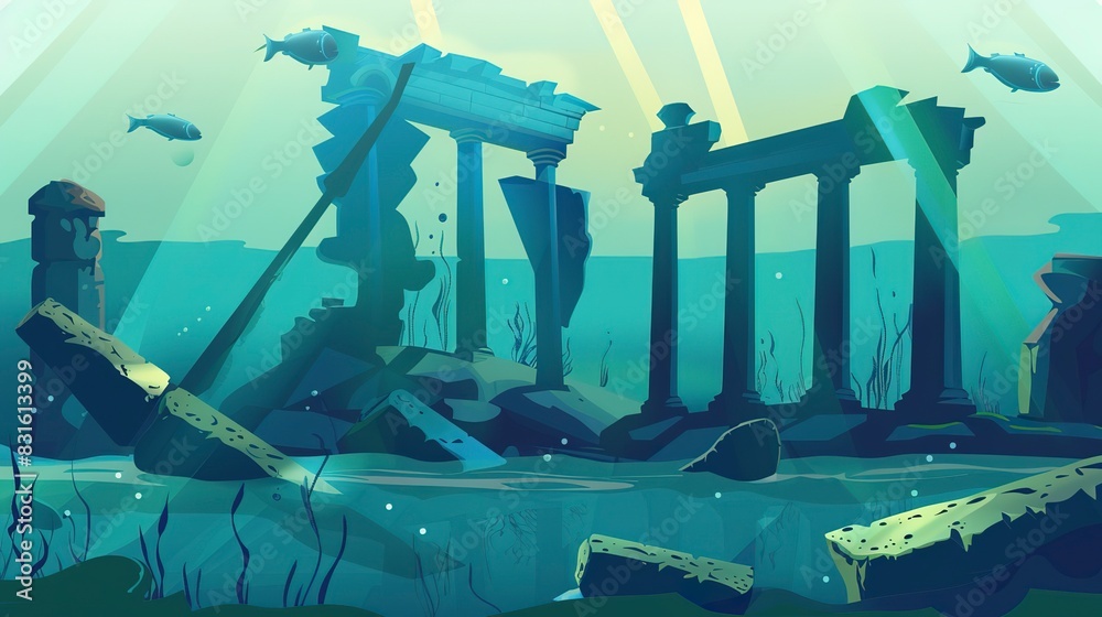Submerged ruins of Atlantis flat design front view, historical fantasy ...