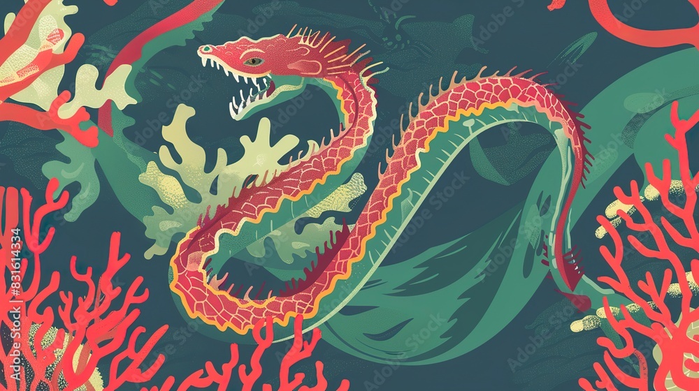 Sea serpent weaving through coral flat design top view, mythical ...