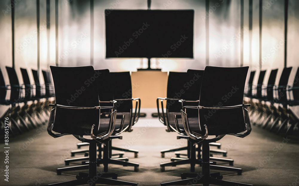 Modern conference room with black office chairs arranged around large ...
