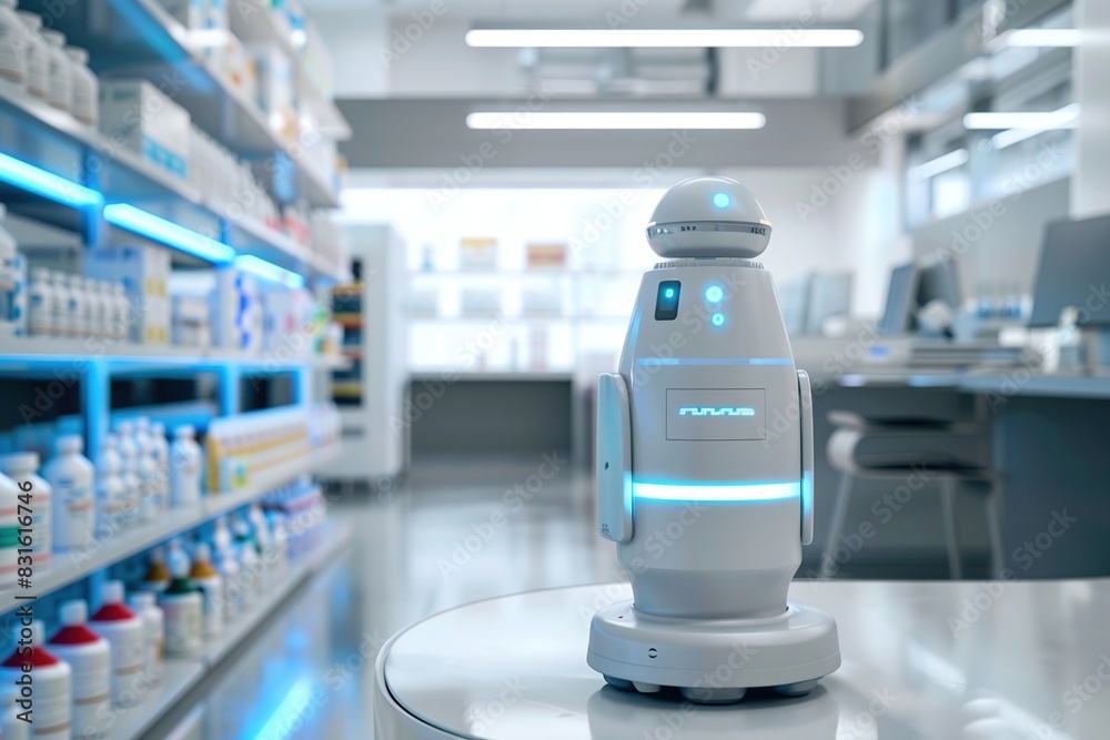 Futuristic pharmacy robot dispensing medication in a modern hospital ...