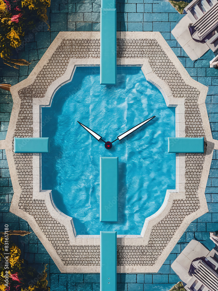 Foto de Aerial view of swimming pool designed to resemble a clock, with ...