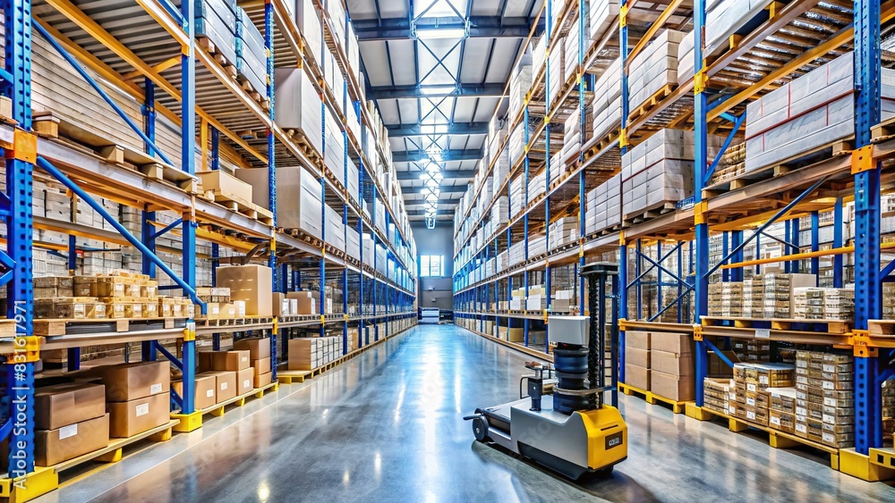 Stock photo of a modern warehouse setting with shelves stocked with ...