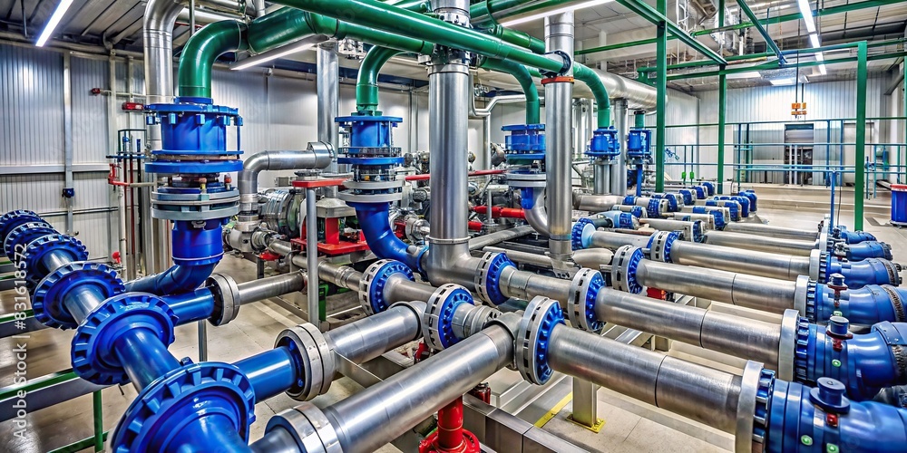 Top view of steel water piping structure with circulation pumps and ...