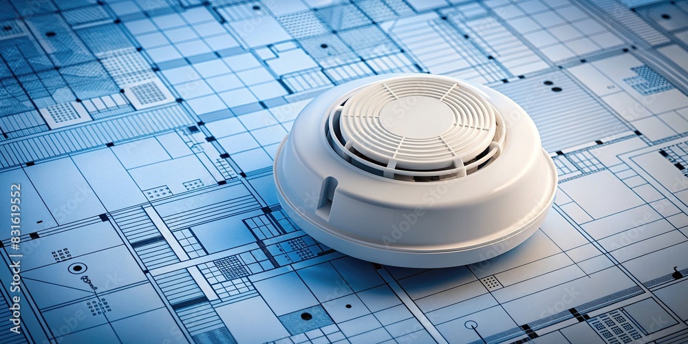 Fire safety system blueprint with smoke detector in rendering Stock ...