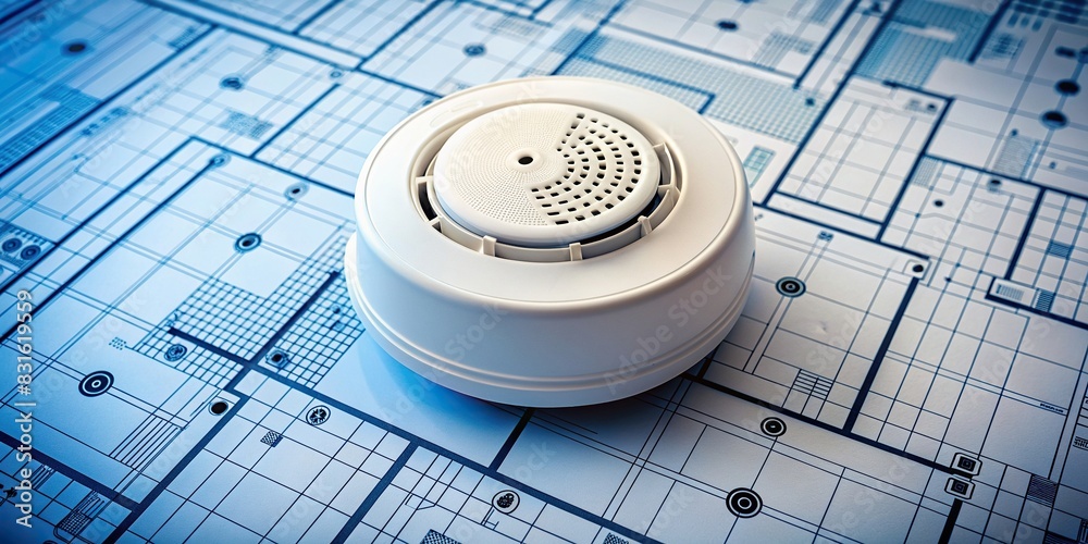 Fire safety system blueprint with smoke detector in rendering Stock ...