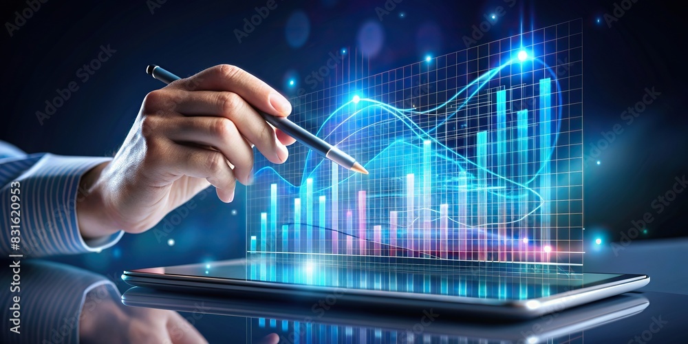 Advanced data analysis and statistics concept with floating holographic ...