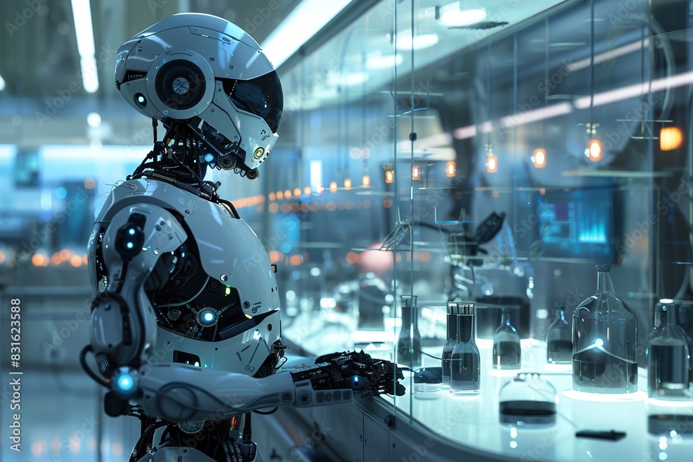 Futuristic robotics lab with advanced humanoid robot overseeing operations Stock Illustration ...
