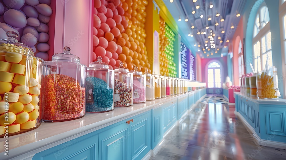 A candy store with rows of colorful candies, chocolates, and sweets in ...