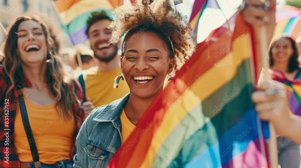 Happy diverse people celebrating at a vibrant outdoor parade, joyfully ...