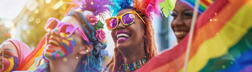 Group of joyful people celebrating at a pride parade, with colorful ...