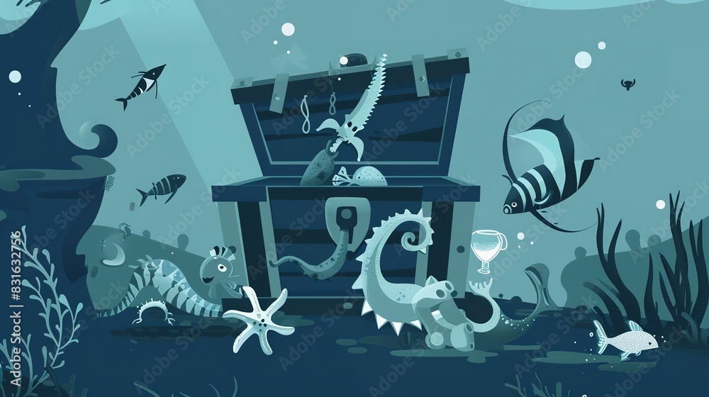 Treasure chest guarded by sea creatures flat design side view, pirate ...