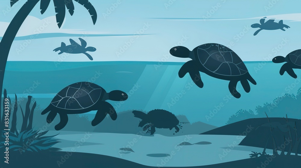 Sea turtles gliding flat design side view, tropical paradise, animation ...