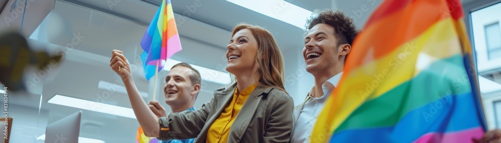 Diverse coworkers celebrating with pride flags in modern office ...