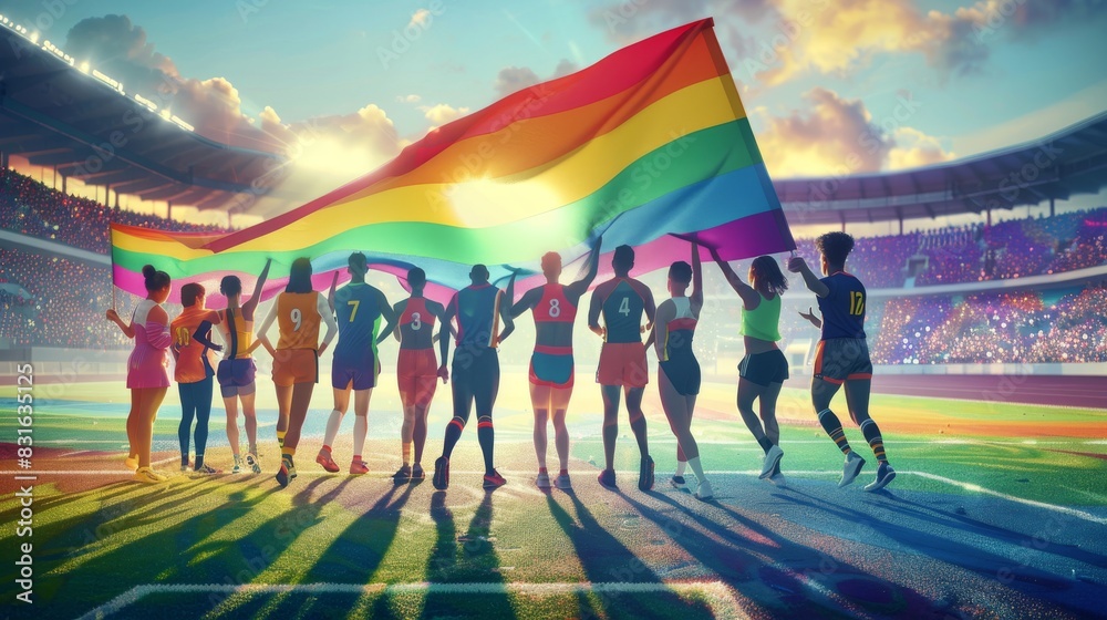 Diverse athletes holding a rainbow flag at a stadium, signifying unity ...