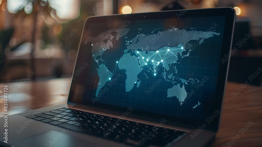 Digital map on the laptop screen. The focus is on highlighting details ...