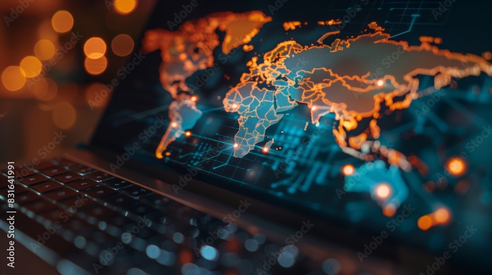 Digital map on the laptop screen. The focus is on highlighting details ...