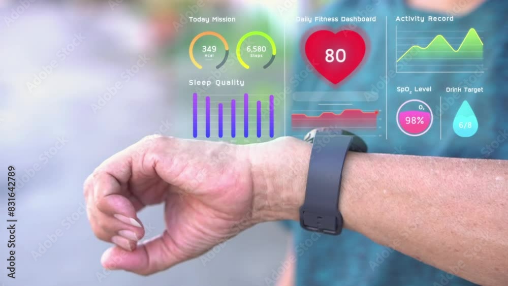 Senior man using AI smartwatch with futuristic hologram infographic display, hi-tech medical ...
